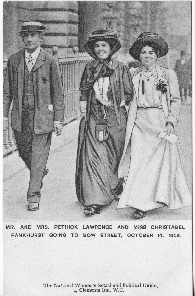 WSPU postcard – Christabel Pankhurst with Mr and Mrs Pethick-Lawrence ...